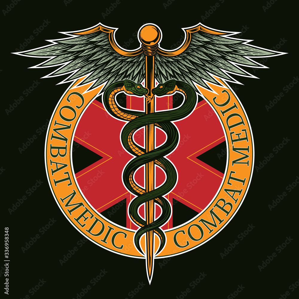 Combat medic emblem. Vector illustration of star of life with Caduceus ...