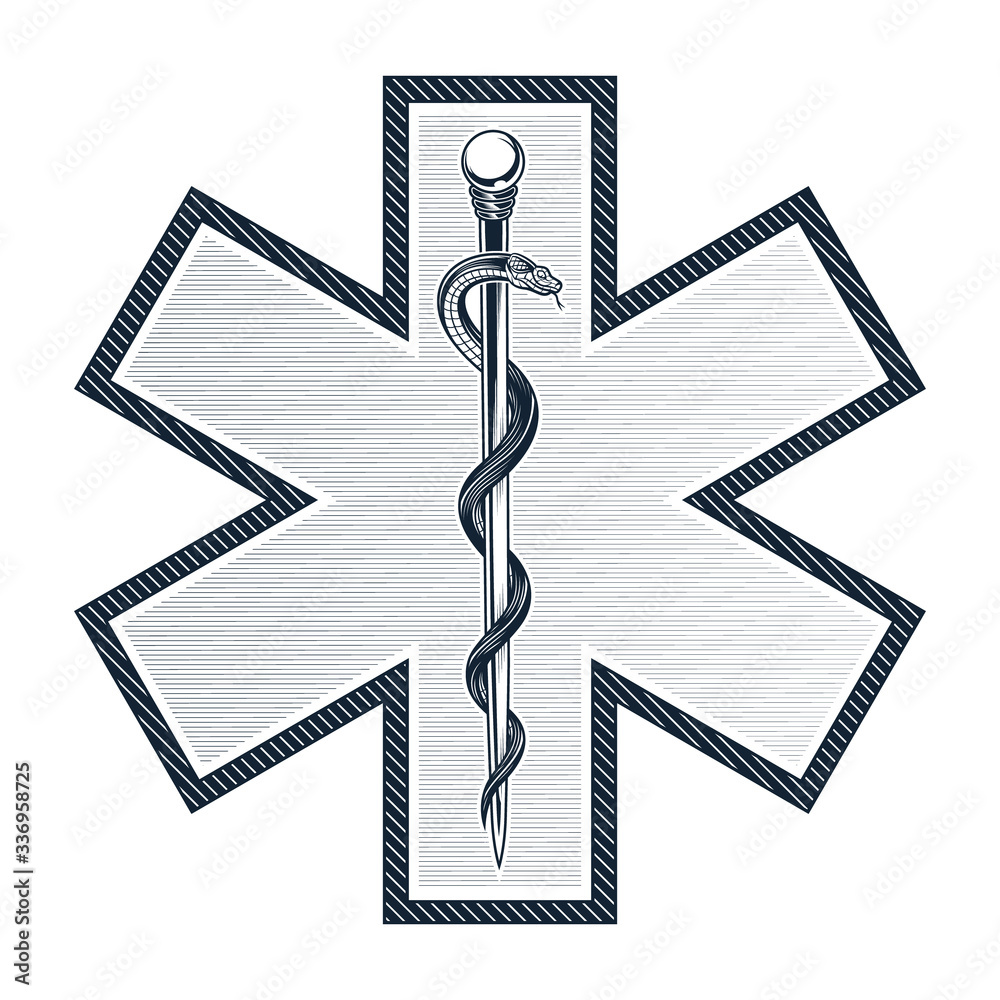 The star of life with rod of Asclepius emblem. Vector illustration in ...