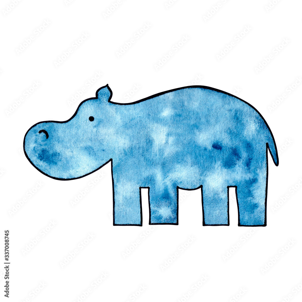 Hippo, blue animal, hand drawn watercolor illustration, isolated mammal ...