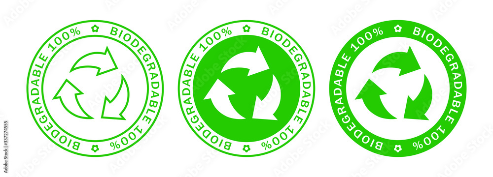 Biodegradable on 100% label stamps icon set. Recyclable and ...