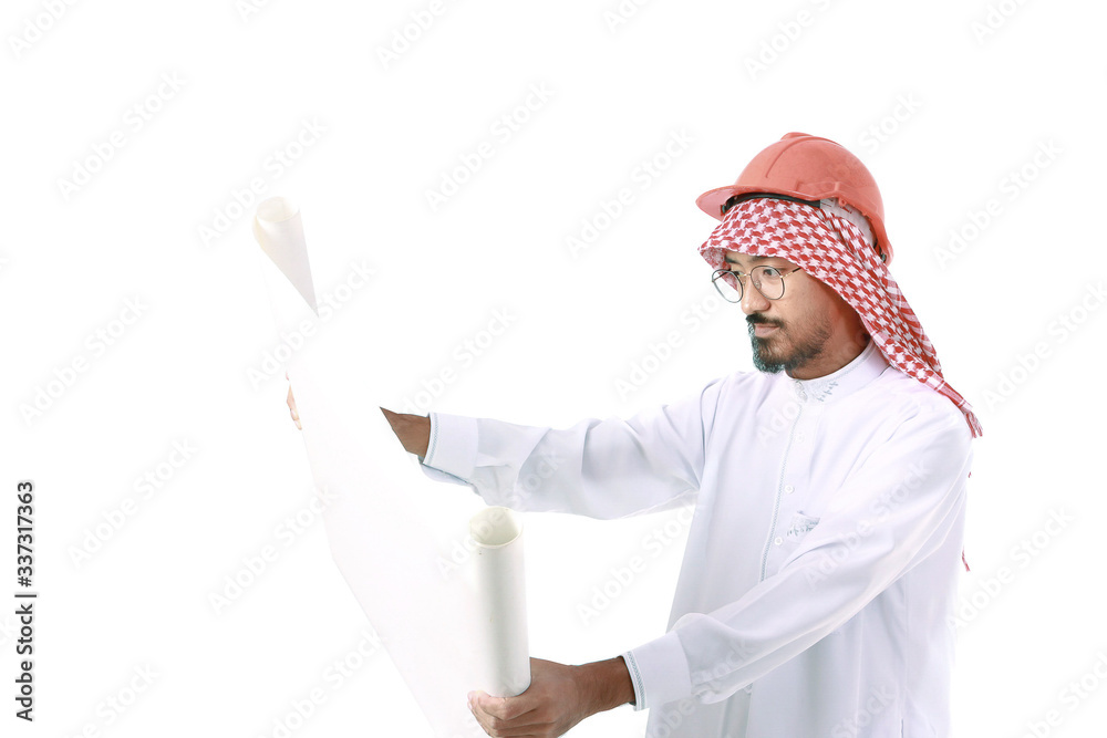 Arab man engineer portrait wearing keffiyeh and safety helmet, holding ...