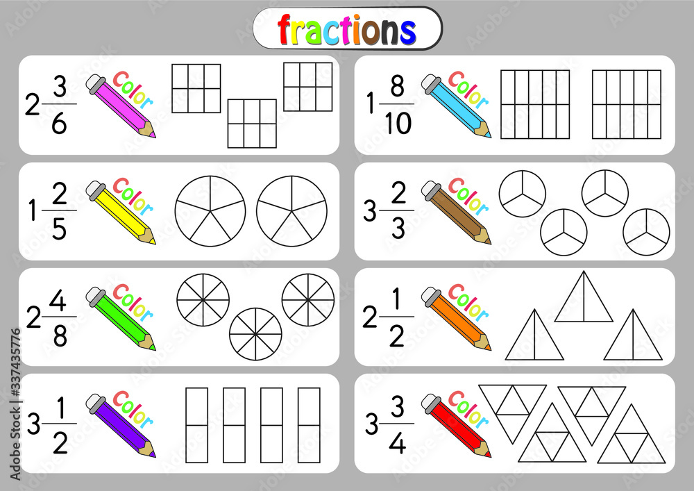 mixed number, improper fractions, color the shape to show the fraction ...
