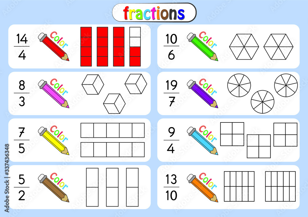 Vector de Stock mixed number, improper fractions, color the shape to ...