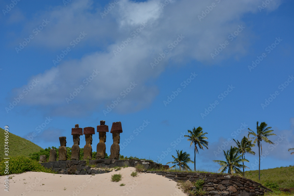 Maoi statues with Pukao, topknots, at Hanga Rau, Rapa Nui, Easter ...