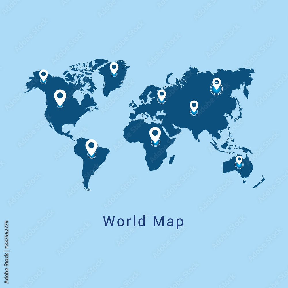 World map with white pointer marks. Globe communication concept. Location pins on travel map ...
