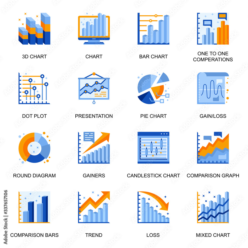 Vector de Stock Financial chart icons set in flat style. Round diagram ...