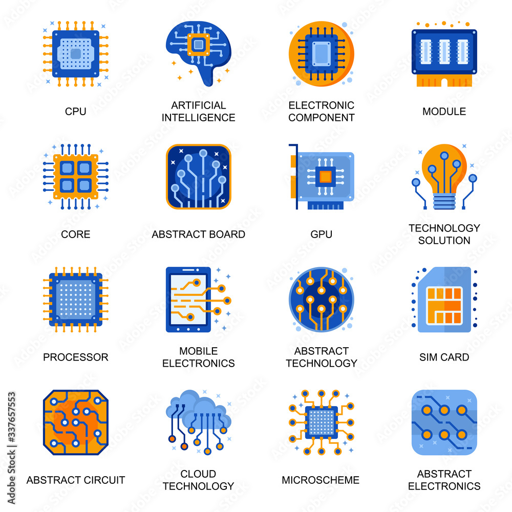 Electronics icons set in flat style. Artificial intelligence, CPU core ...