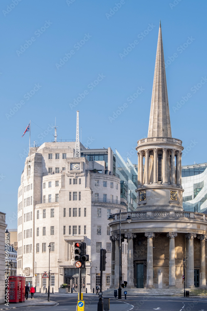 Regent Street in Central London showing a red double-decker bus, the ...