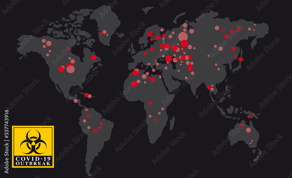 Map of the spread of the coronavirus COVID-19 in the world. Pandemic as ...