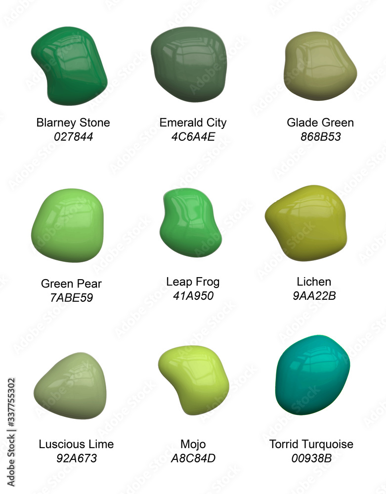 Set of handpicked emerald green paint tones vector palette of drops of bright verdant shades for interior or craft with names and Hex numbers Stock Vector Adobe Stock