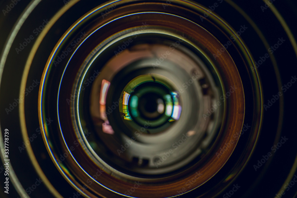 Camera lens on black background. Aperture blades. Camera lens close up Stock Photo | Adobe Stock
