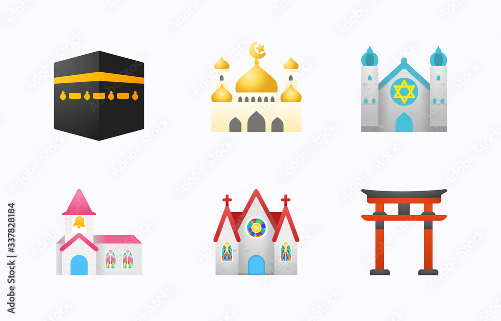Kaaba, Mosque, Church, Synagogue, Shinto Shrine Isolated Realistic ...