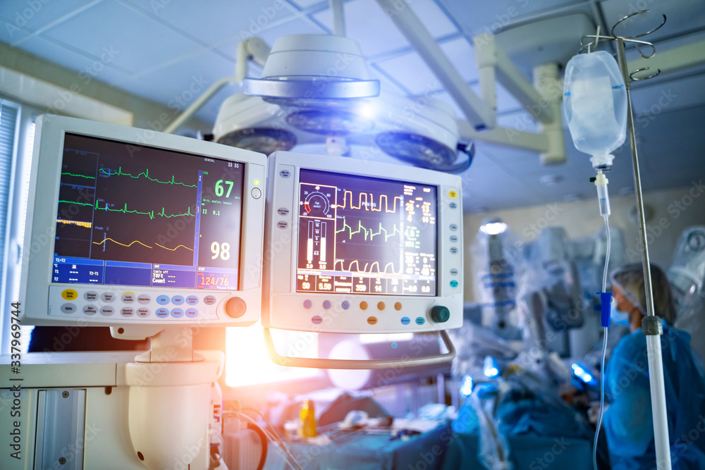 Intensive care emergency room with artificial lung ventilation monitor ...