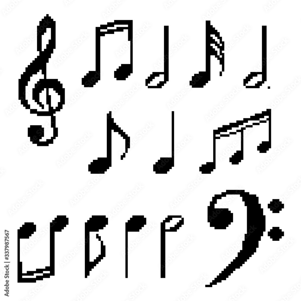 Image vectorielle Stock Set of pixel music notes, treble clef, bass ...