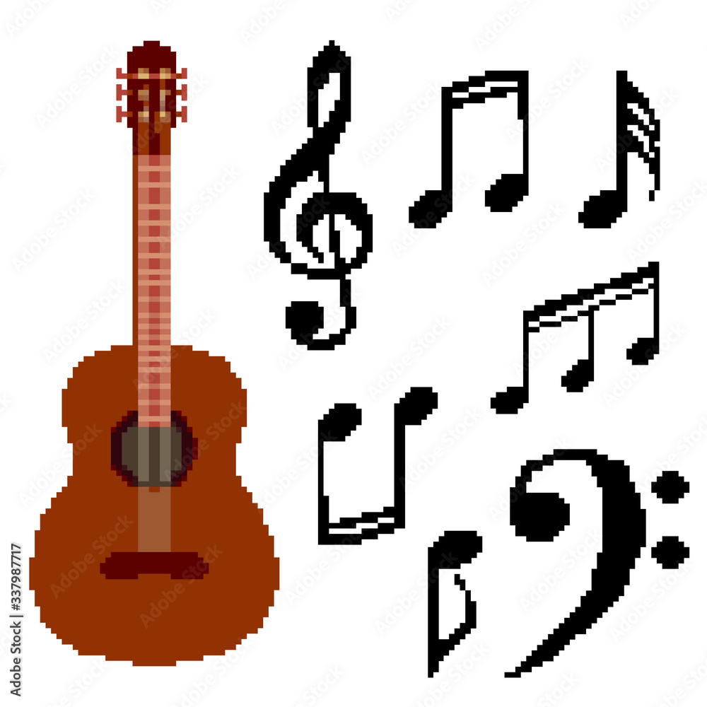 Set of pixel music notes, guitar, treble clef, bass clef. Pixel art 8 ...