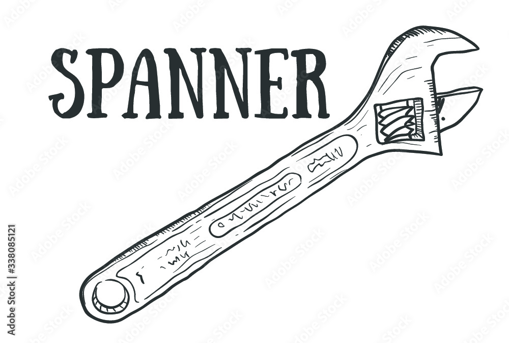 Hand drawn adjustable spanner vector sketch. Doodle drawing. Vector ...