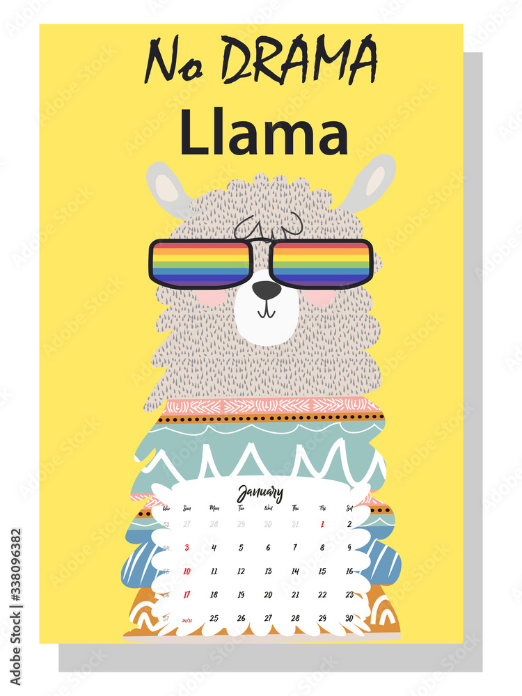 Cute monthly calendar of 2021 with a llama, cactus, inscriptions in the ...