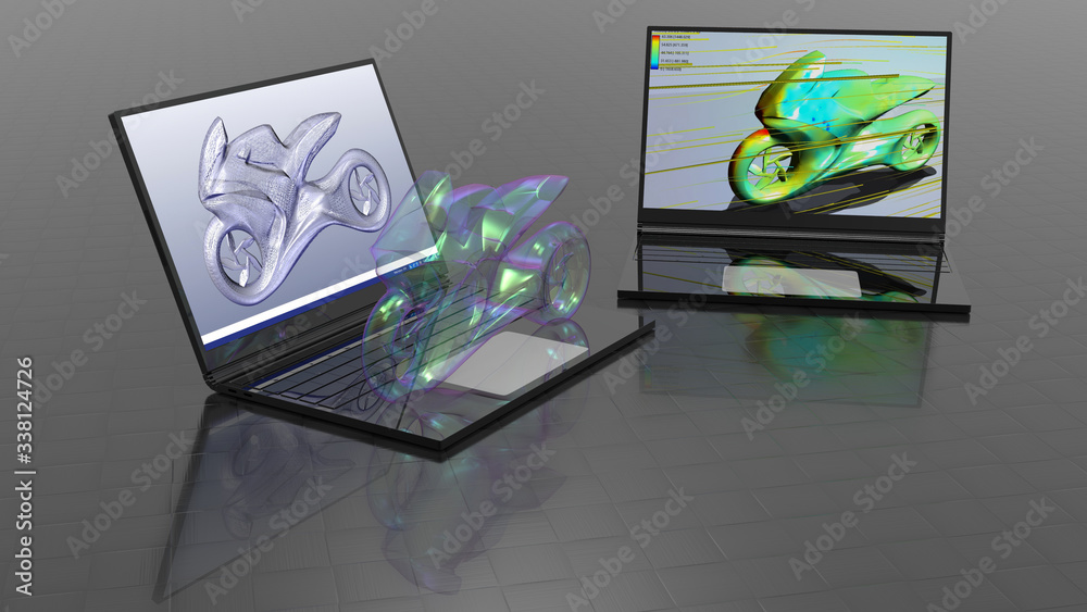 3D render - FEA analysis of a motorcycle with advanced software Stock ...