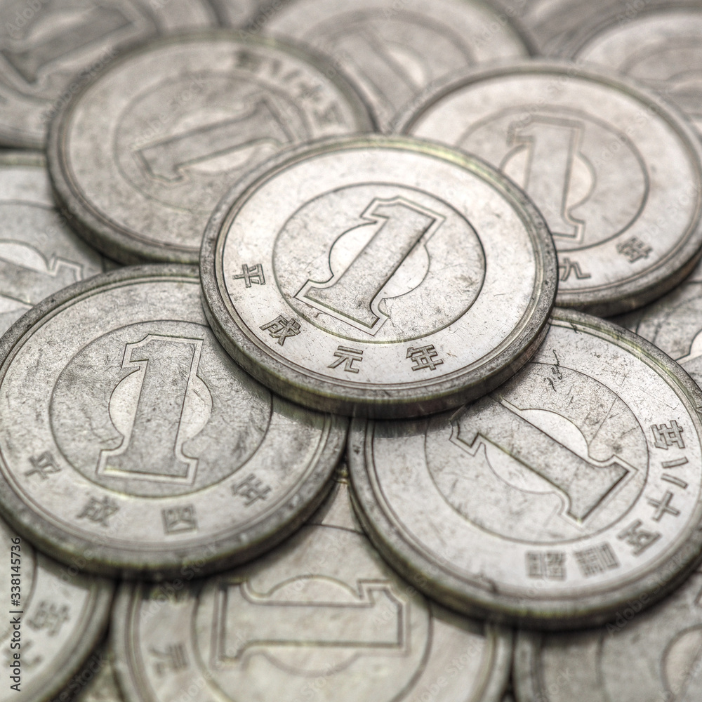 Field of Japanese coins at 1 yen close-up. Illustration with aged ...