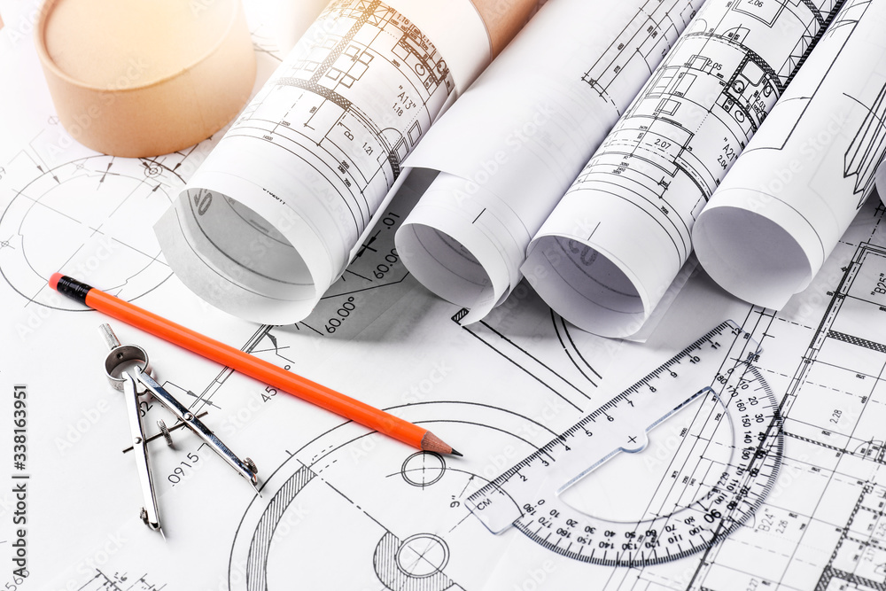 Technical drawings with measure tools. Pencil, measurement. Papers with ...
