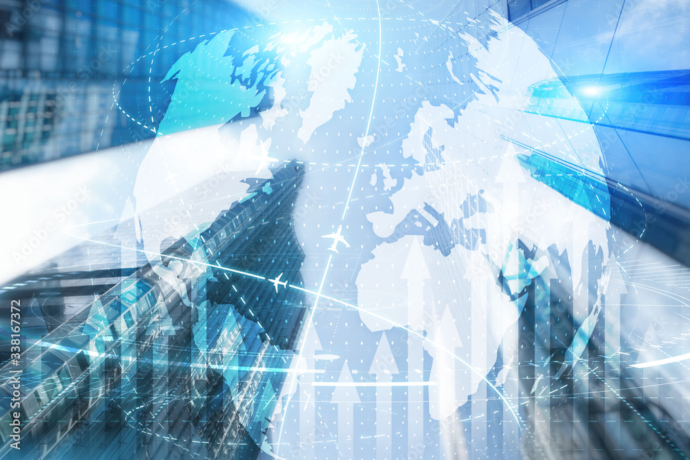 Virtual interface connection map of flight routes airplanes network use ...