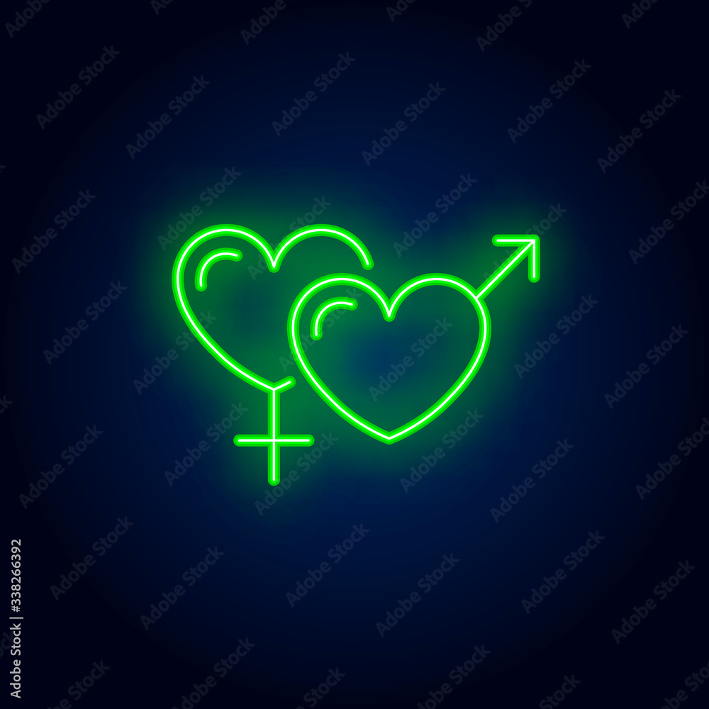 Gender heart symbols neon sign. Glowing hearts with gender symbols on ...