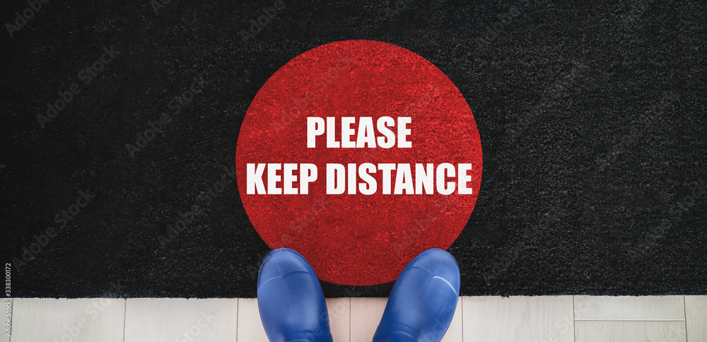 Social distancing at grocery stores POV of shoes standing on distance ...