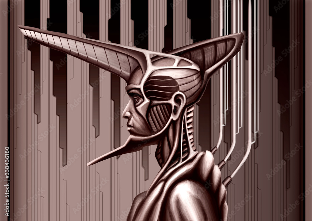 Biomechanical human, cyborg, robot, droid, with wires running from ...