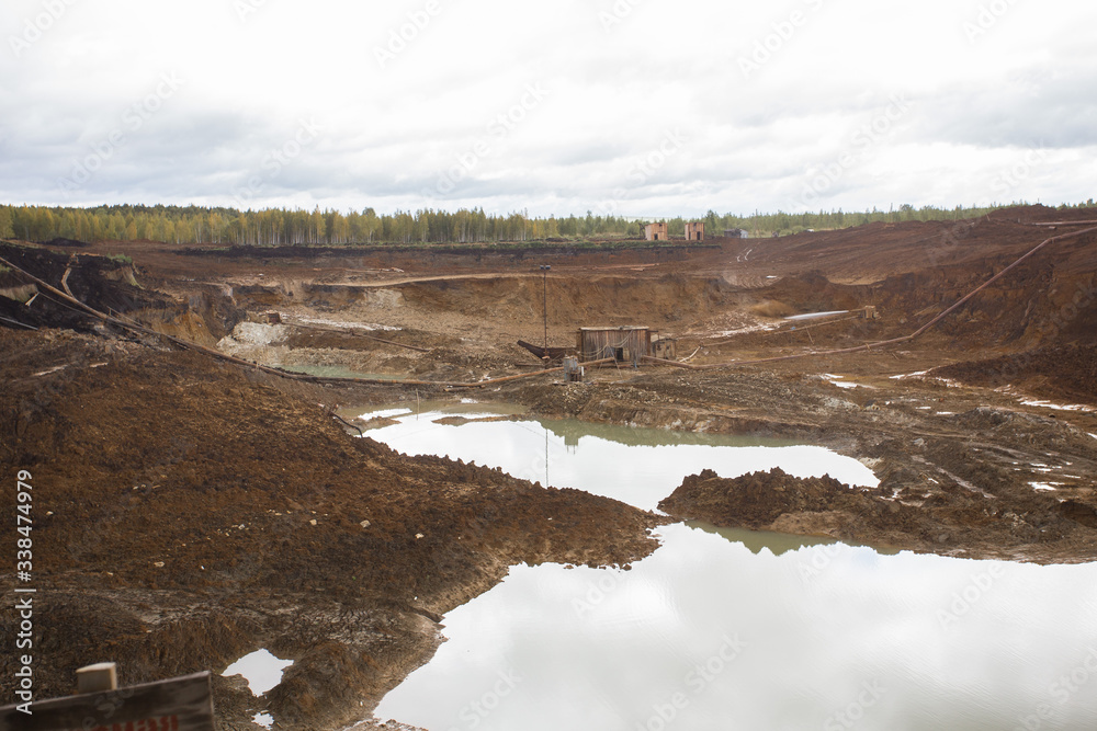 Gold sand works gravel mine open pit with giant nozzle hydraulic ...