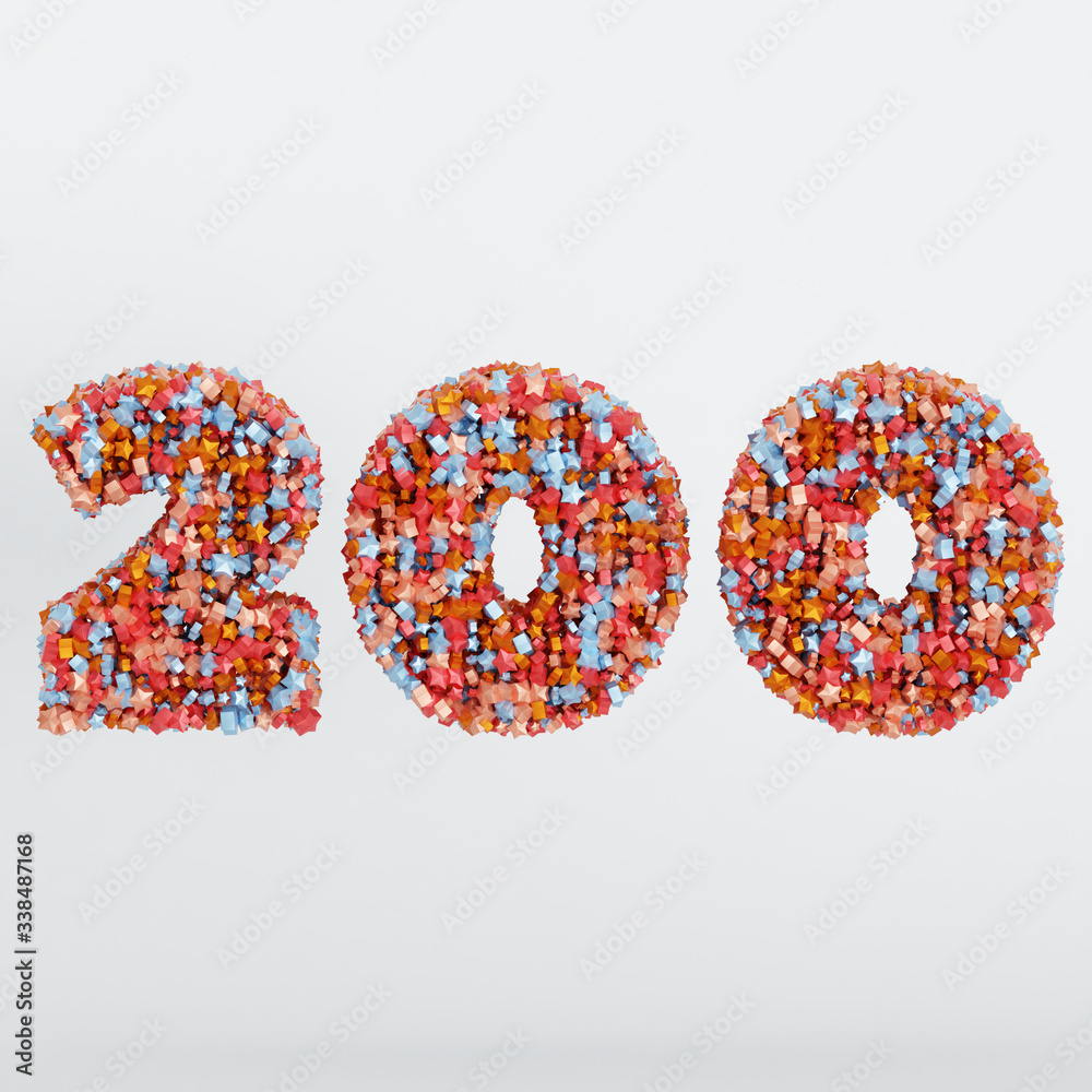 Number 200 3D Text Illustration, Digits With Pink And Sky Colors Stars ...