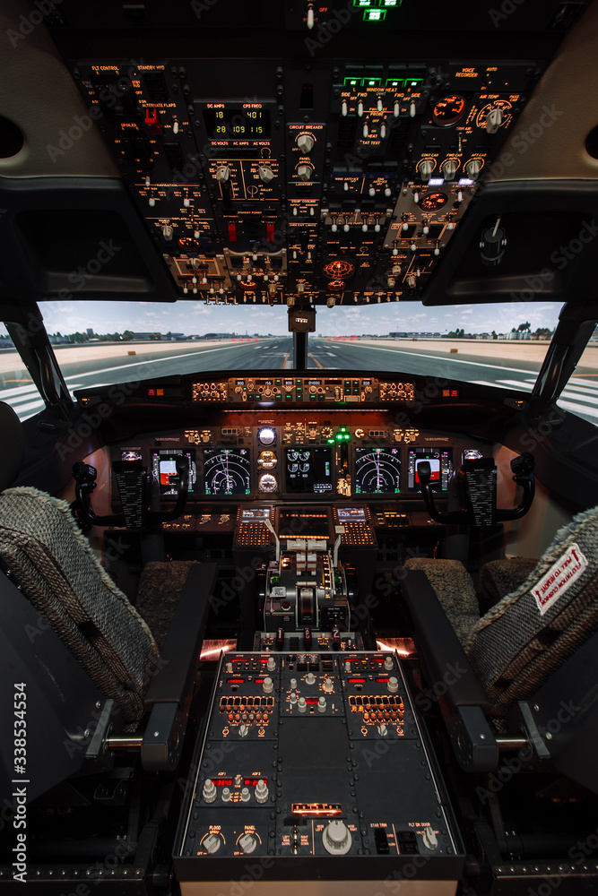 Full view of cockpit modern Boeing aircraft before take-off. Airplane ...