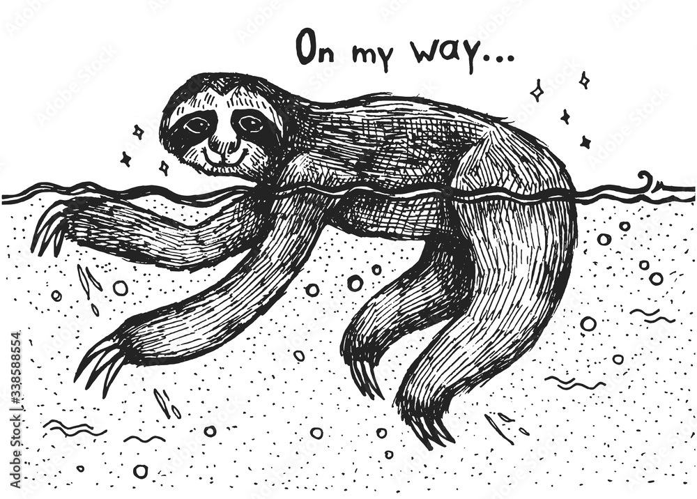 Vector de Stock Sloth swimming slowly. Inscription: "On my way ...