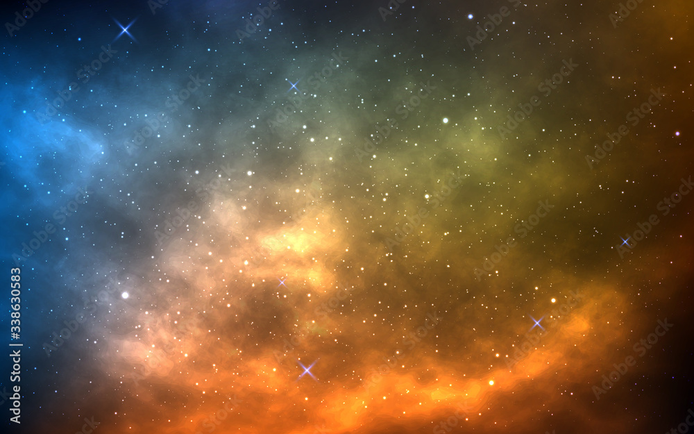Space background with yellow and blue nebula. Realistic universe ...
