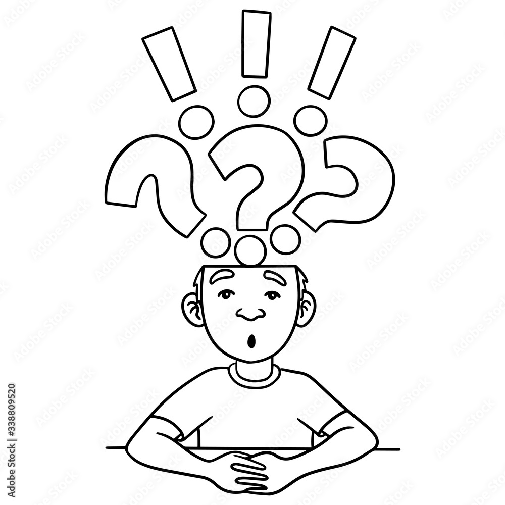 monochrome outline drawing of a boy at the desk who doesn't understand ...