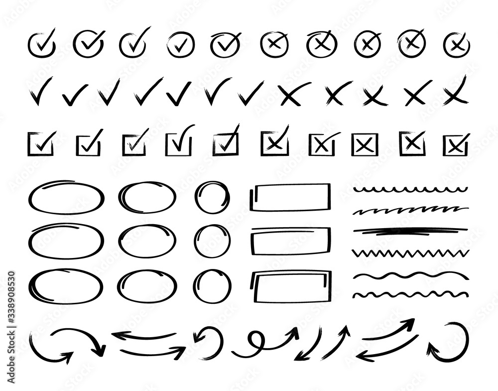 Super set hand drawn check mark with different circle arrows and ...