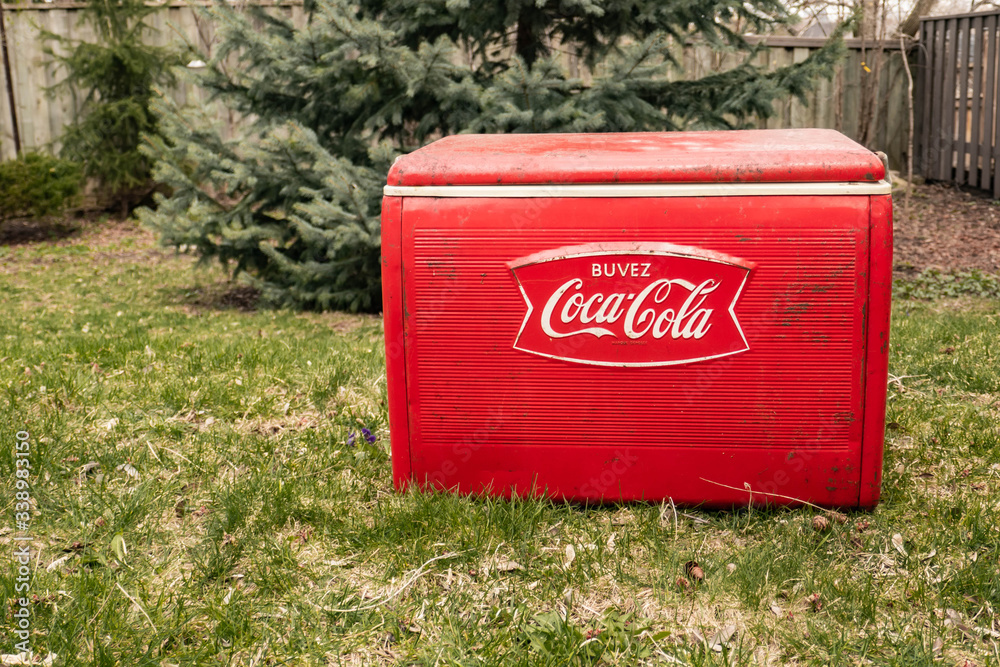 Vintage red classic french Buvez Coca Cola cooler from 1964. Rural or ...