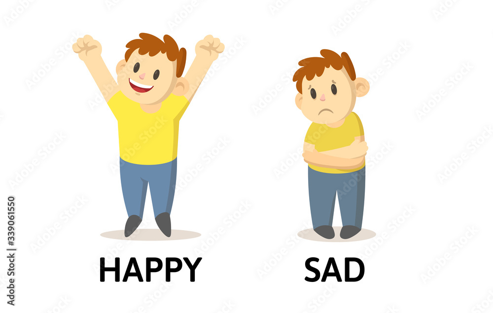 Words happy and sad opposites flashcard with cartoon boy characters ...