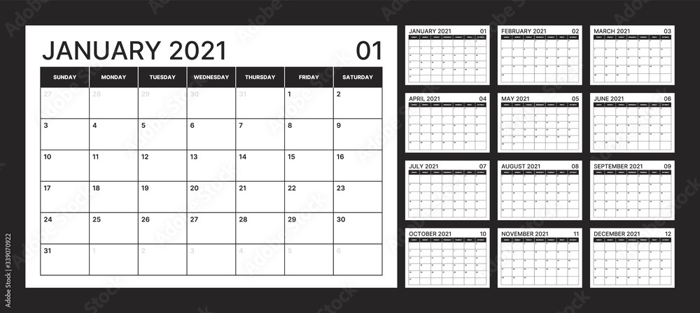 Wall calendar template for 2021 year. Planner diary in a minimalist ...
