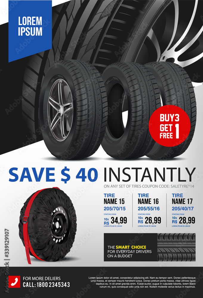 Tire vector. Vector automotive banner template. Black rubber ...