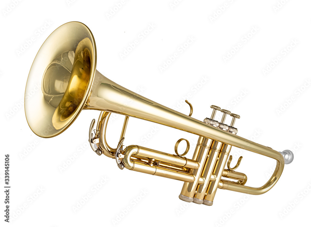 Golden shiny new metallic brass trumpet music instrument isolated white ...