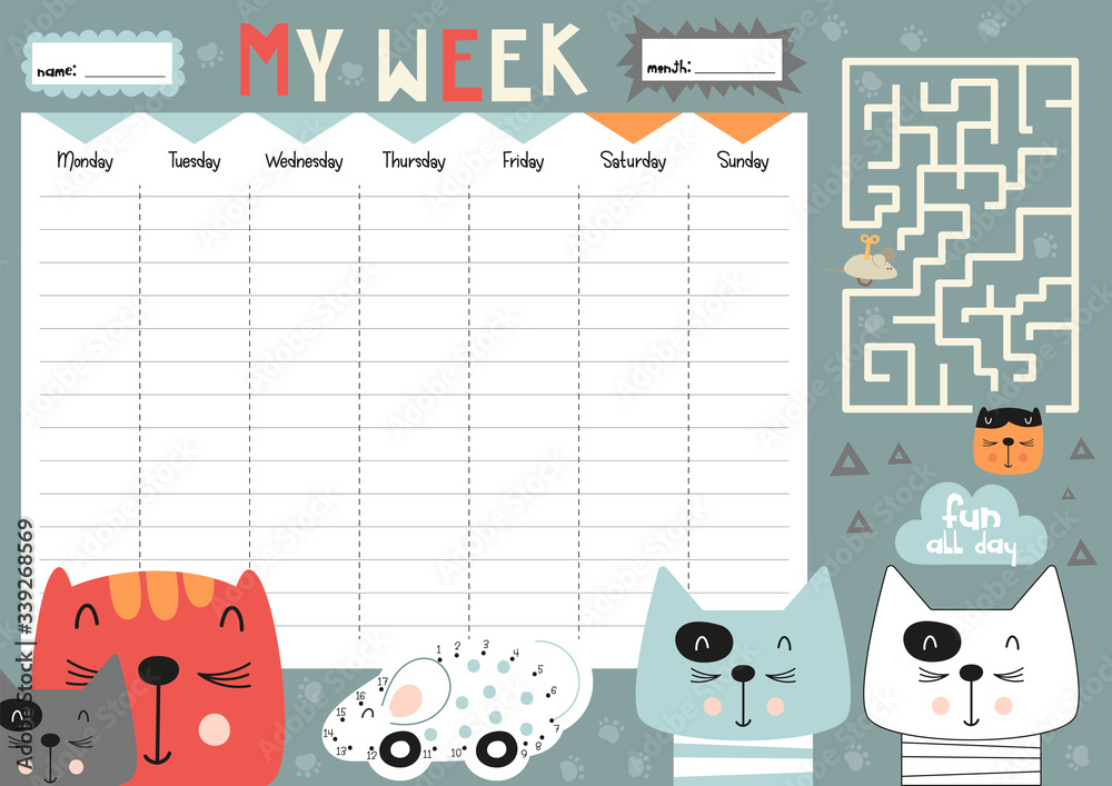 My week - weekly planner for kids contain mini games - maze, dot to dot ...