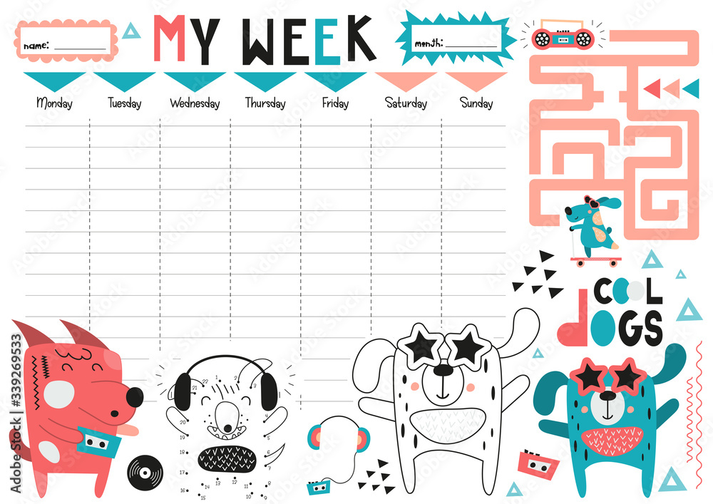 My week - Weekly planner with cute funny dogs in doodle cartoon style ...