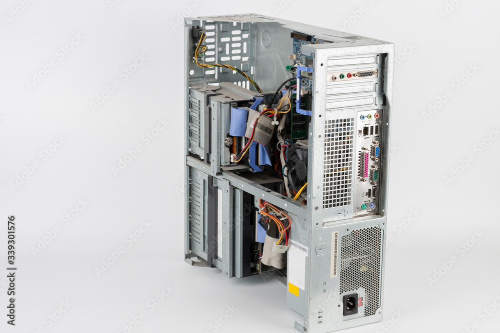 Back side of desktop PC, desktop computer, inside floppy disk drive, CD ...