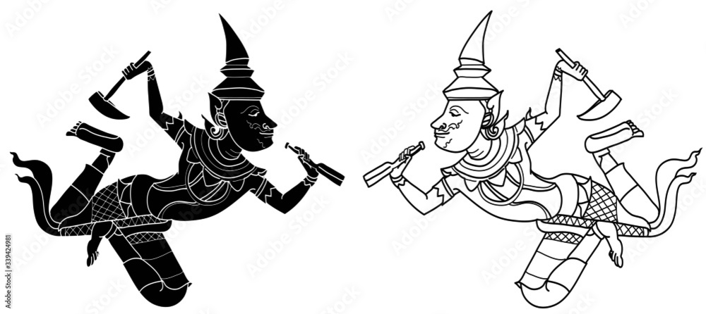 Line Thai art Ramayana colorful and isolate on white background.Line ...