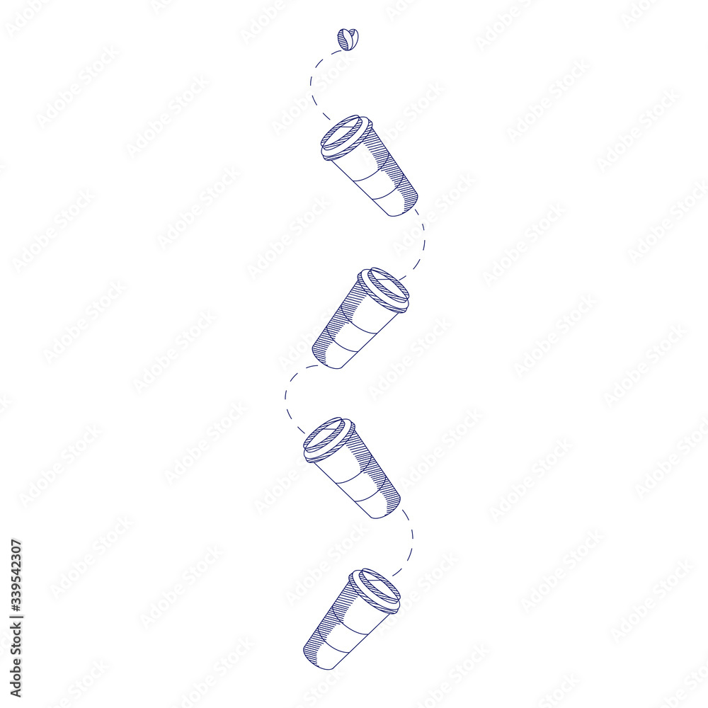 Chain of dark blue paper cups with coffee beans linked with dashed line ...