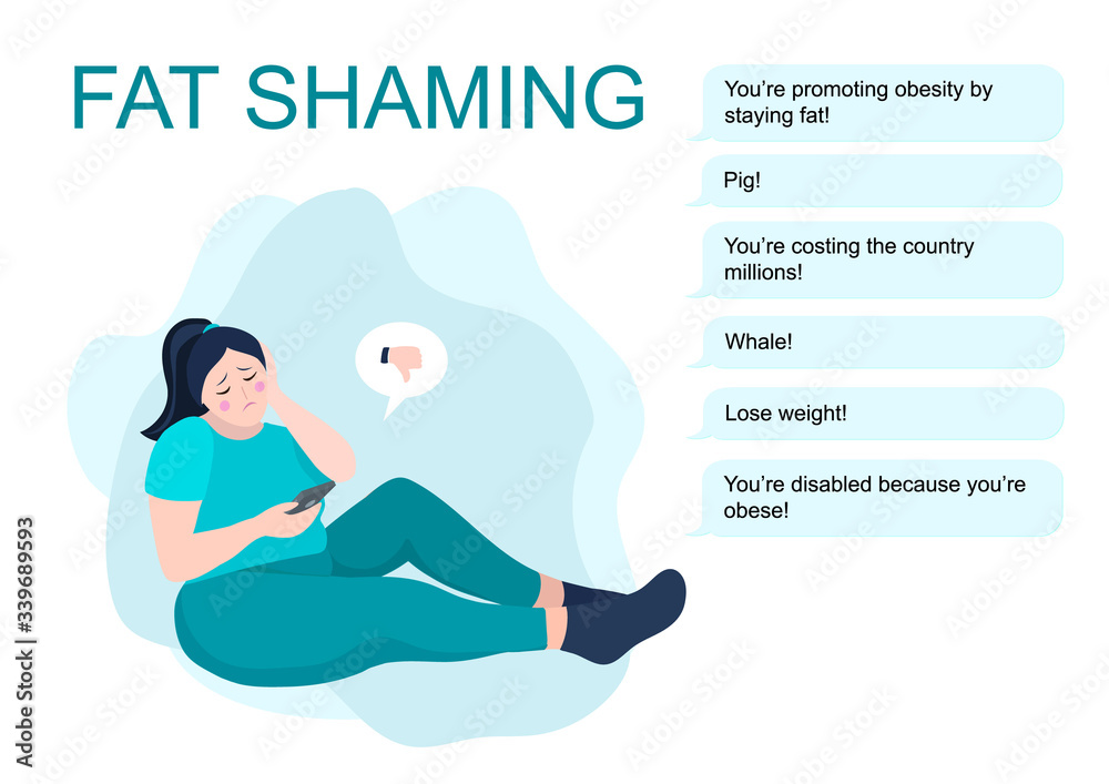 Fat shaming or body shaming situation. Overweight curvy woman recieve a shameful messages and ...