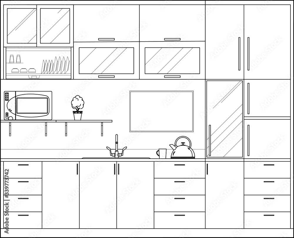 Kitchen and pantry side elevation drawing complete with cabinets ...