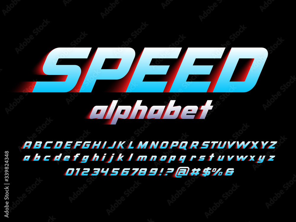 Speed style alphabet design with uppercase, lowercase, numbers and ...