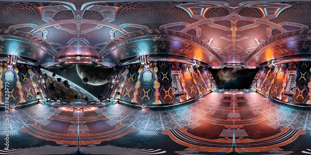 High resolution HDRI panoramic view of a spaceship interior. 360 ...