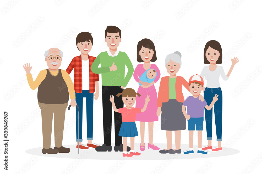 Happy family members, grandpa, grandma, mom, dad, brothers and sisters ...